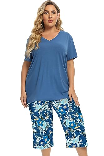 Vozanet Women's V Neck Sexy Pajamas Capri Sets Full Printed Flowers Ladies Sleepwear V Neck Floral Nighty XL to 5XL, Blue, 4X-Large