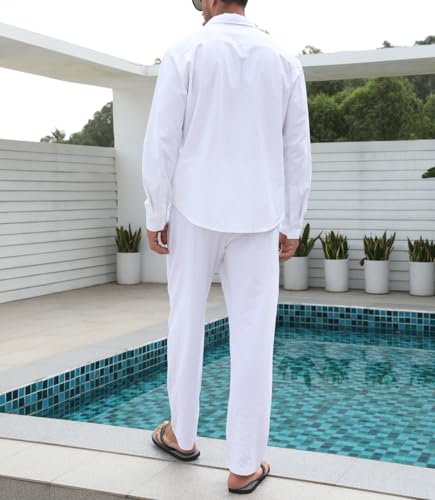 YAOGRO Men's Linen Sets Outfits: 3 Piece Beach Button Down Shirts Casual Loose Pants Short Sleeve Walking Suits