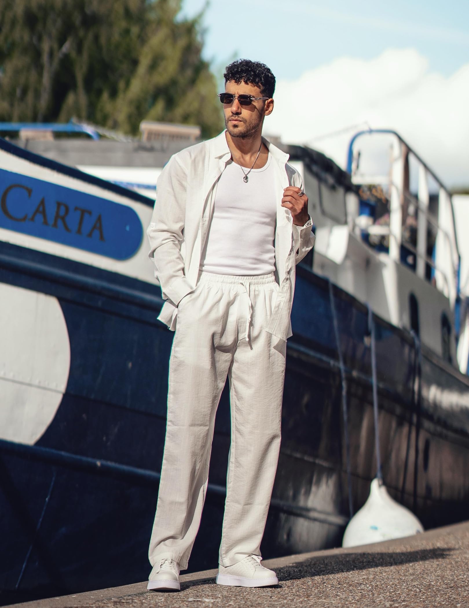 COOFANDY Mens Coordinated Outfit White Linen Pants and Shirt Set Casual Linen Sets 2 Piece Summer Beach Clothes, White, Medium