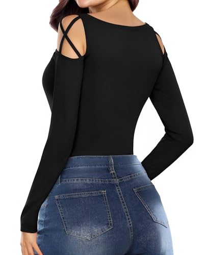 HERLOLLYCHIPS Long Sleeve Shirts for Women Deep V Neck Cold Shoulder Criss Cross Sexy Fitted Tops(Long Sleeve Black, X-Large)