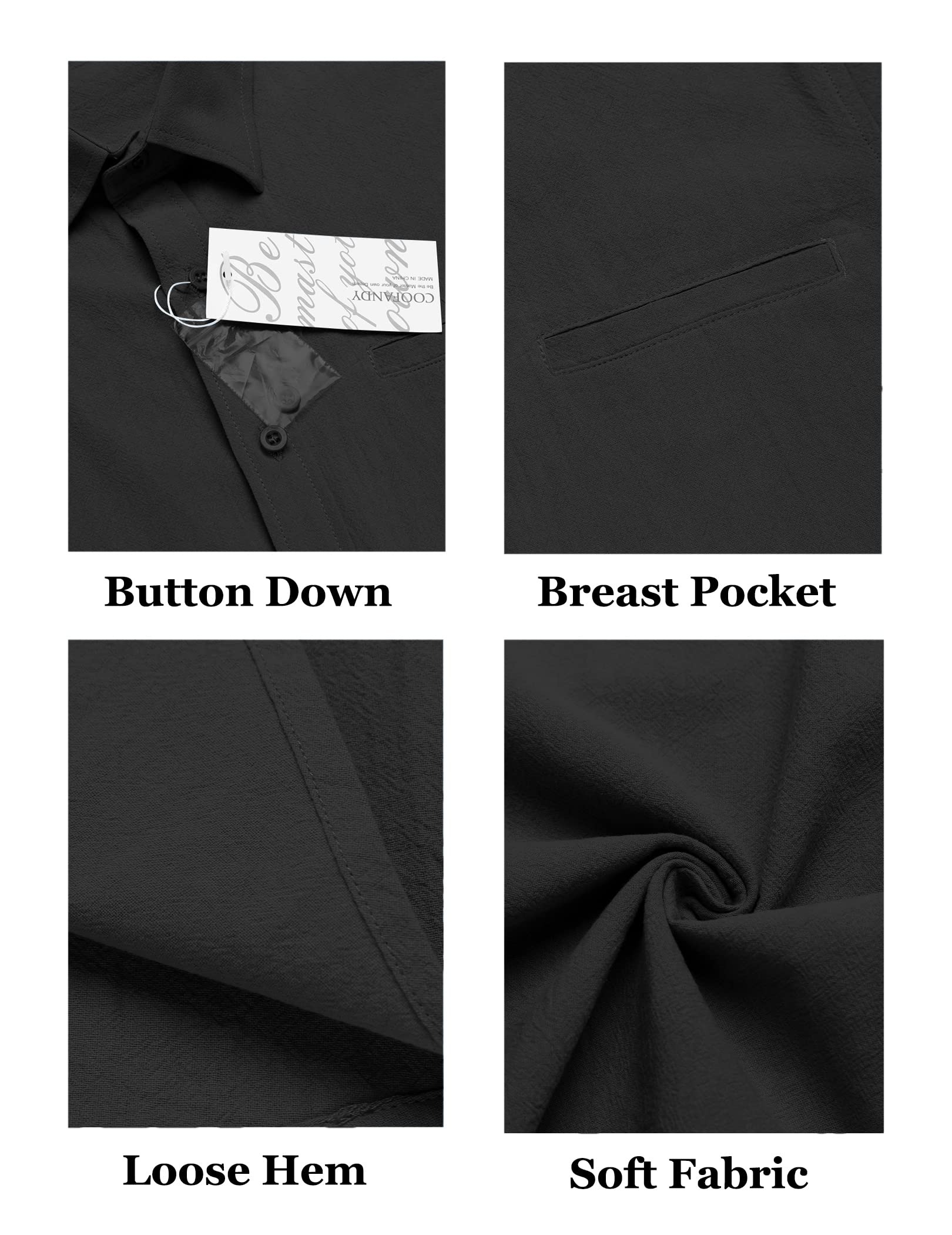 COOFANDY Mens Black Short Sleeve Button Down Shirts Summer Beach Linen Shirts Lightweight Resort Wear Shirts