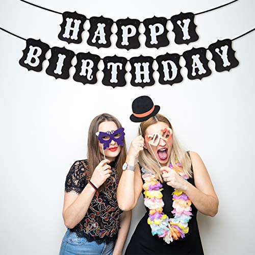 LINGTEER Happy Birthday Black and White Bunting Banner Decorations Birthday Party Photo Prop Decorations Sign.