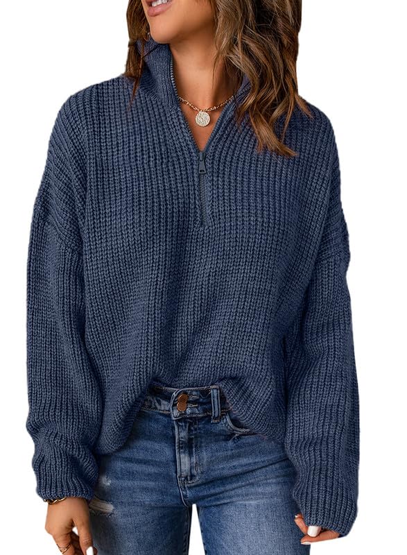 EVALESS Plus Size Sweaters for Women Long Sleeve Fall Tops Trendy 2024 Cute Rib Knit Quarter Zip Pullover Chunky Sweaters Dressy Casual Winter Outfits Ladies Oversized Light Blue Sweater, XX-Large
