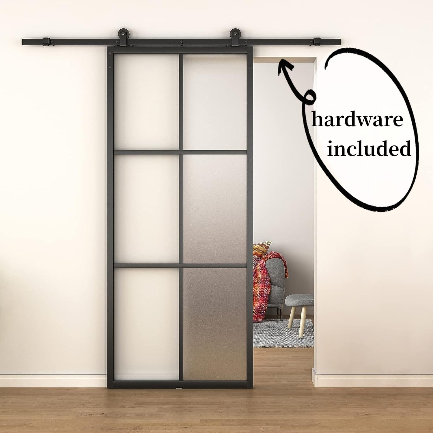 BARNSMITH 36in x 84in Frosted Glass Barn Door with 6.6FT Top Mounted Hardware kit DIY 6 Lites Tempered Glass Modern Aluminum Sliding Door Disassembled Easy Installation