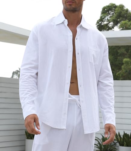 YAOGRO Men's Linen Sets Outfits: 3 Piece Beach Button Down Shirts Casual Loose Pants Short Sleeve Walking Suits