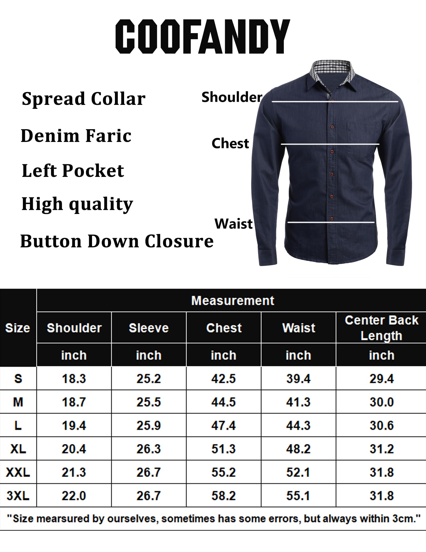 COOFANDY Men's Casual Dress Shirt Button Down Shirts Long-Sleeve Denim Work Shirt