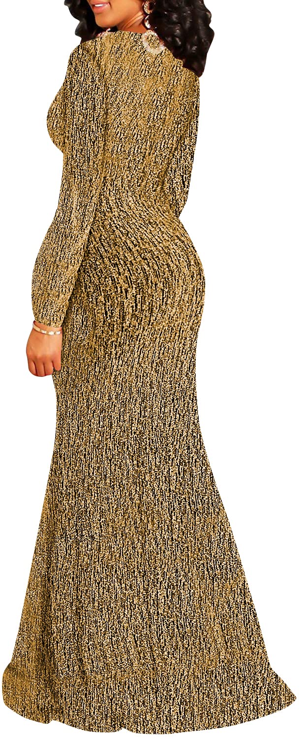 Women's Sexy Long Sleeve Sparkly Maxi Dress V Neck High Slit Wrap Formal Gown Cocktail Glitter Maxi Long Dresses Gold