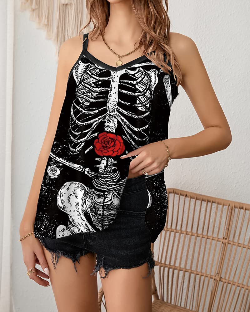Eciodci Women's Halloween Horror Loose Tank Top Shirts 3D Print Rose Skeleton V Neck Sleeveless Tank Tops