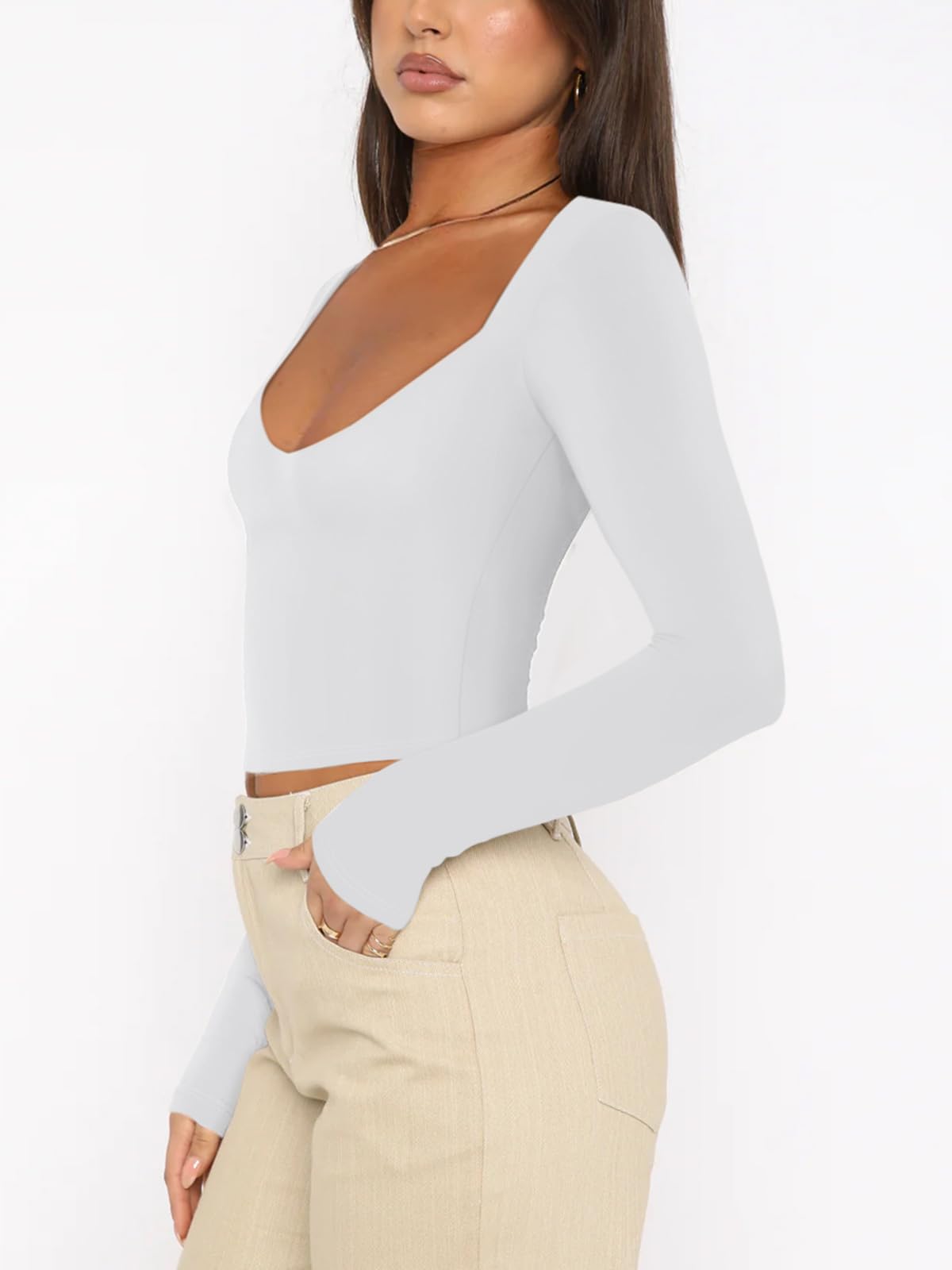REORIA Women's Sexy Trendy V Neck Long Sleeve Slim Fitted Tshirts Fall Going Out Party Causal Basic Y2k Crop Tops White Medium