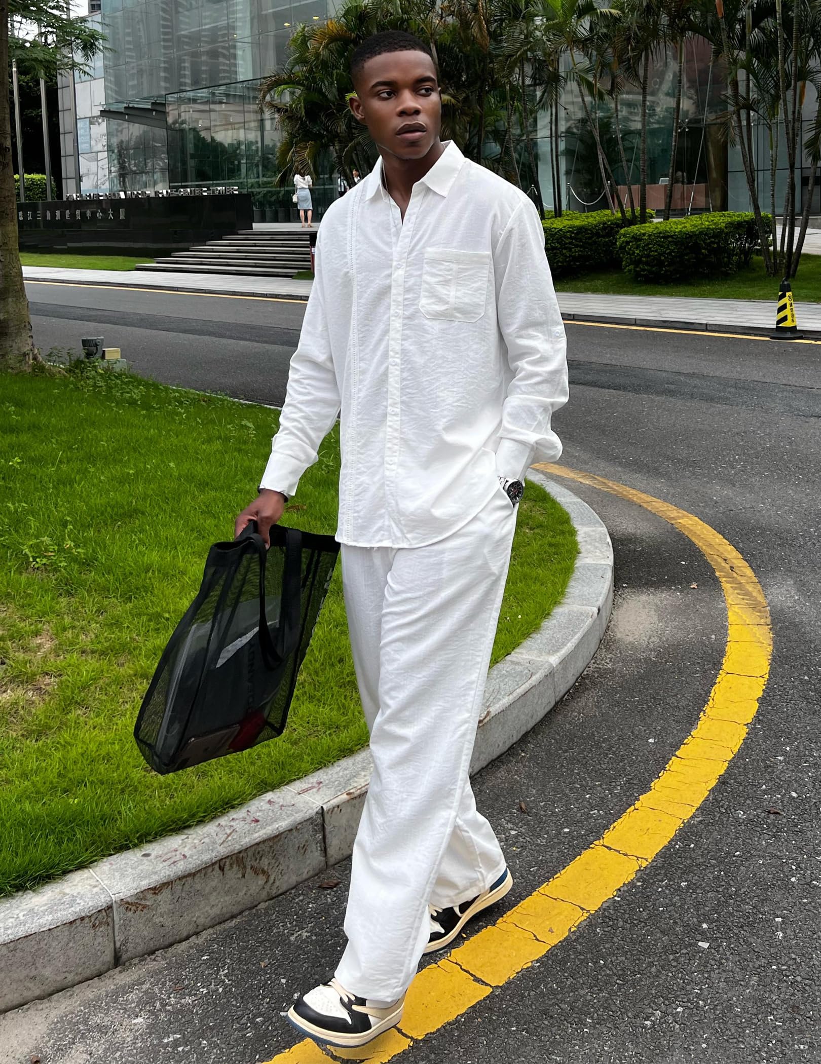 COOFANDY Mens Coordinated Outfit White Linen Pants and Shirt Set Casual Linen Sets 2 Piece Summer Beach Clothes, White, Medium