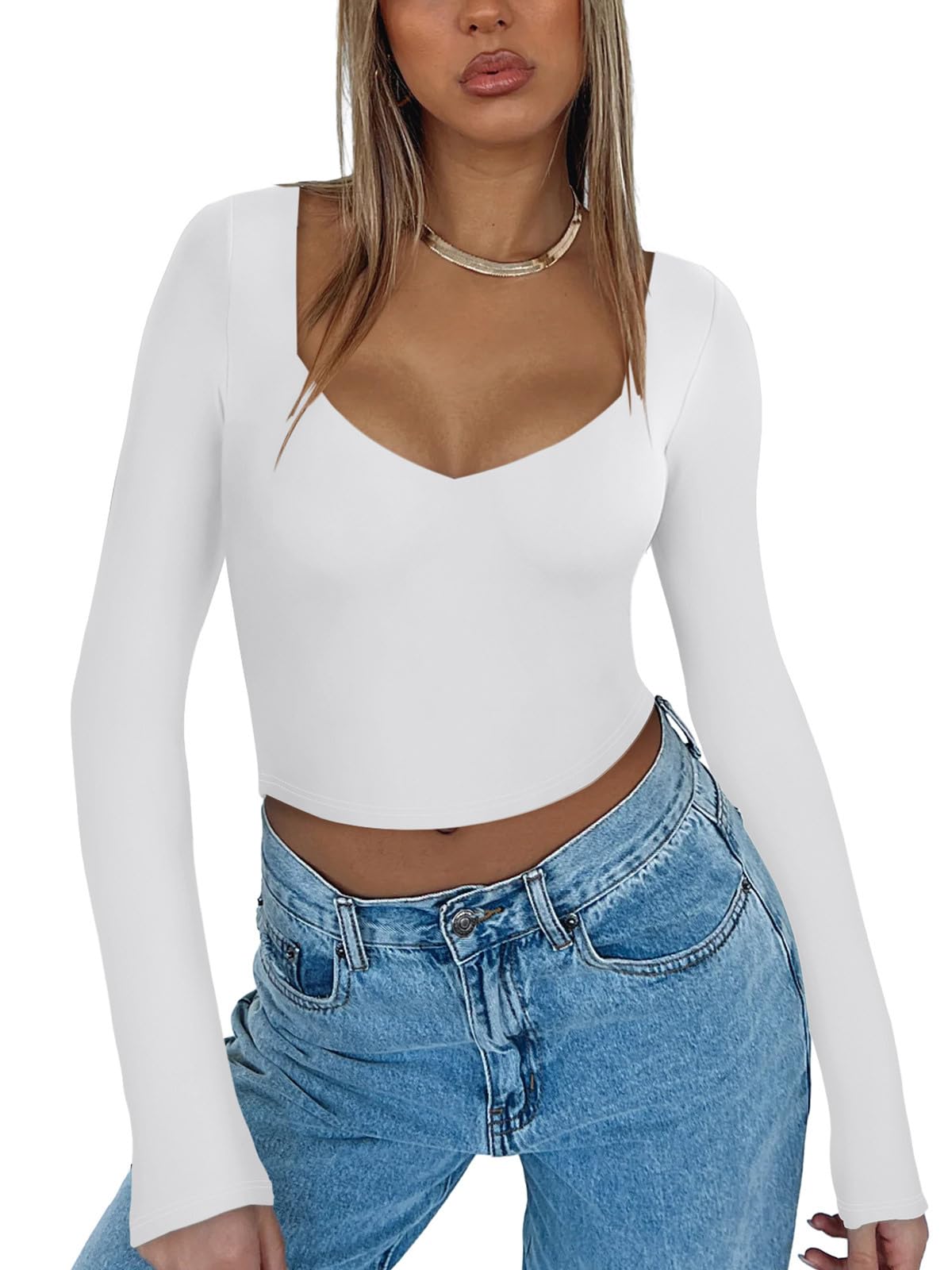 REORIA Women's Sexy Trendy V Neck Long Sleeve Slim Fitted Tshirts Fall Going Out Party Causal Basic Y2k Crop Tops White Medium