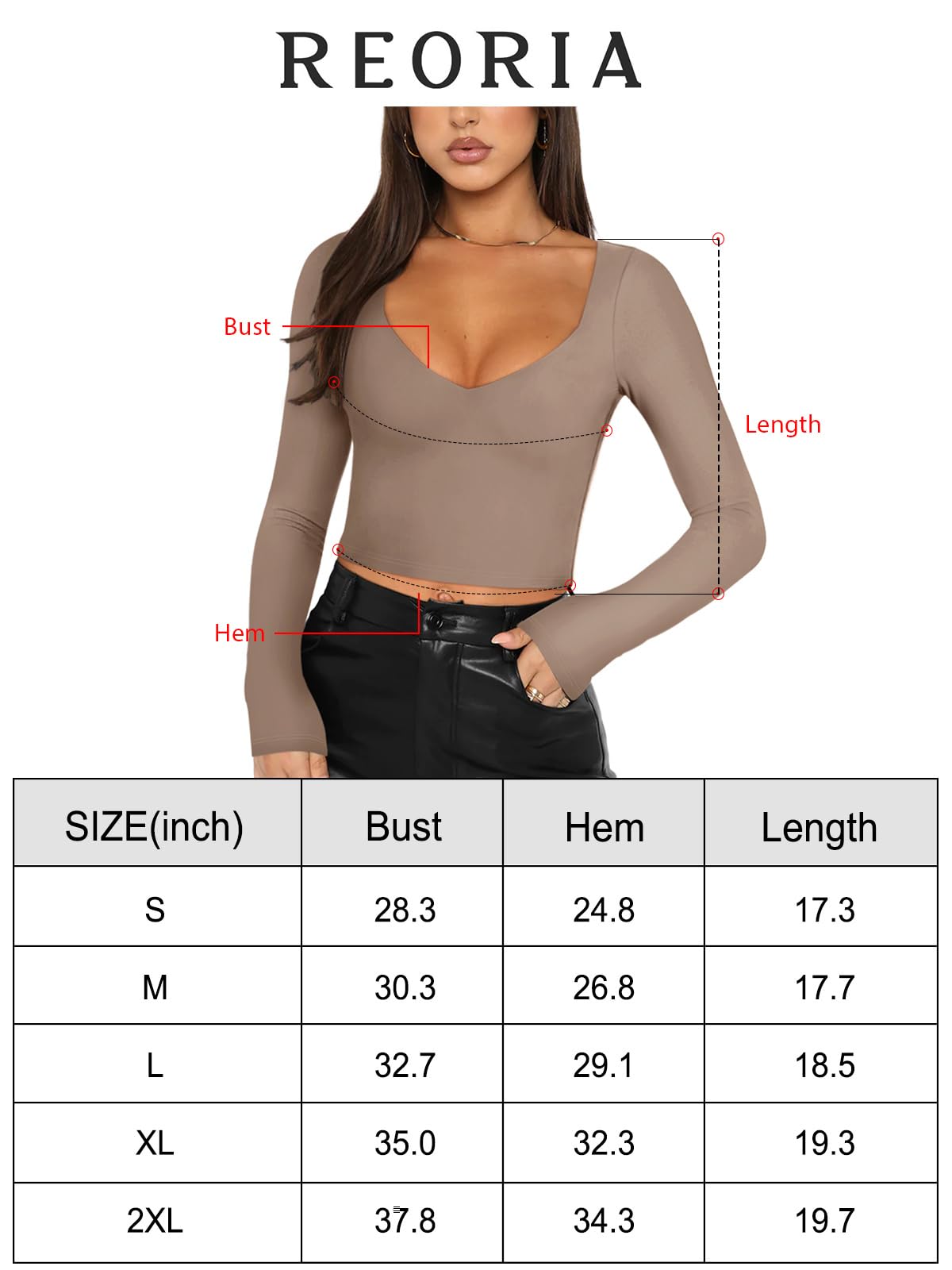 REORIA Women's Sexy Trendy V Neck Long Sleeve Slim Fitted Tshirts Fall Going Out Party Causal Basic Y2k Crop Tops White Medium