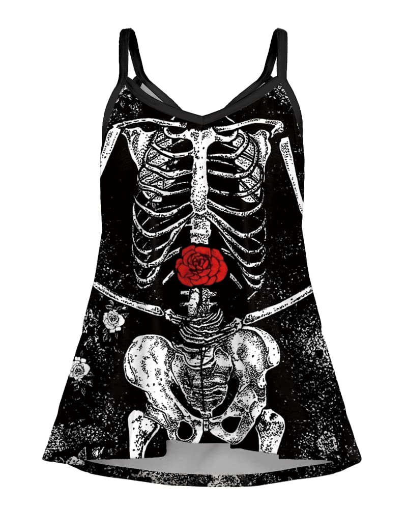 Eciodci Women's Halloween Horror Loose Tank Top Shirts 3D Print Rose Skeleton V Neck Sleeveless Tank Tops
