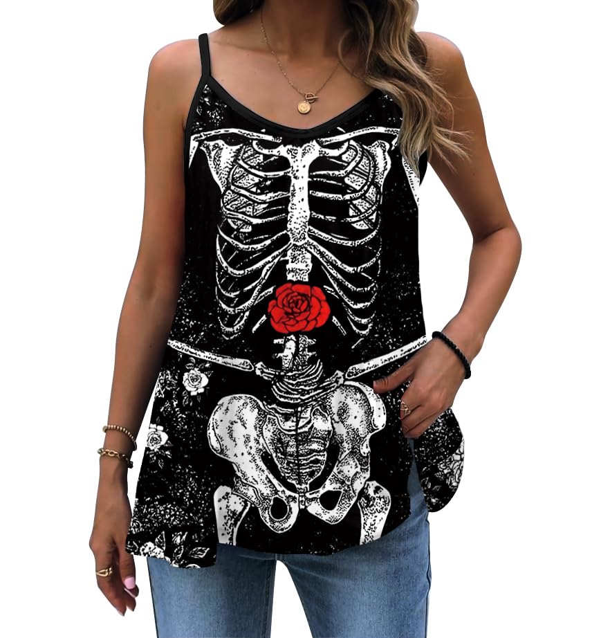 Eciodci Women's Halloween Horror Loose Tank Top Shirts 3D Print Rose Skeleton V Neck Sleeveless Tank Tops