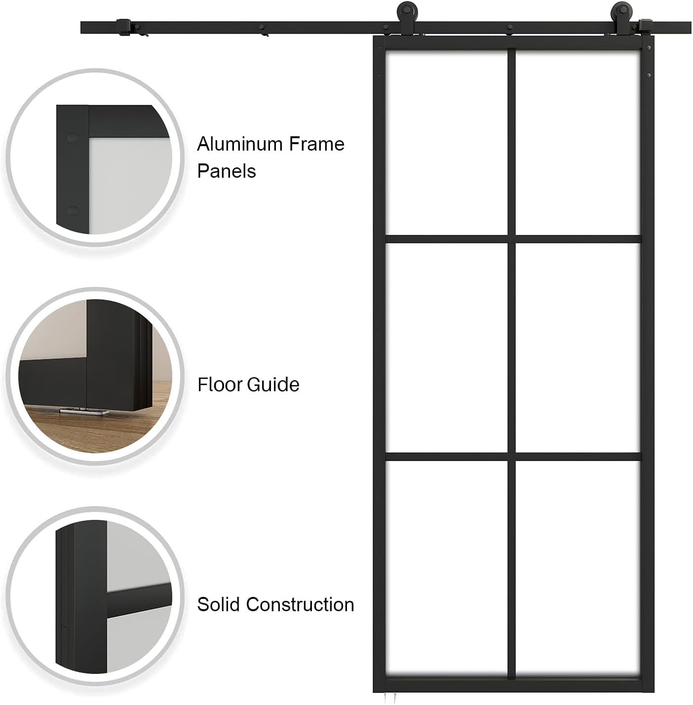 BARNSMITH 36in x 84in Frosted Glass Barn Door with 6.6FT Top Mounted Hardware kit DIY 6 Lites Tempered Glass Modern Aluminum Sliding Door Disassembled Easy Installation