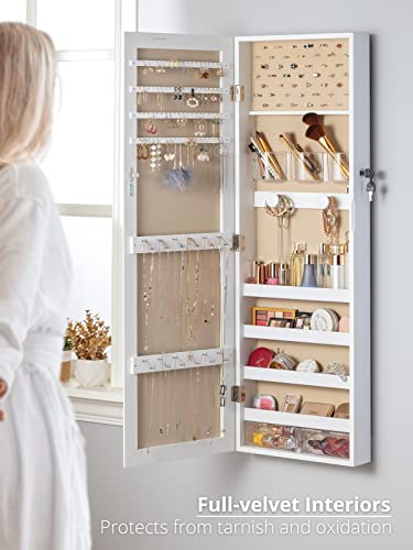 LUXFURNI Mirror Jewelry Armoire Cabinet with Storage, Door Hanging/Wall Mounted Cabinet Organizer with Brush Holder, White