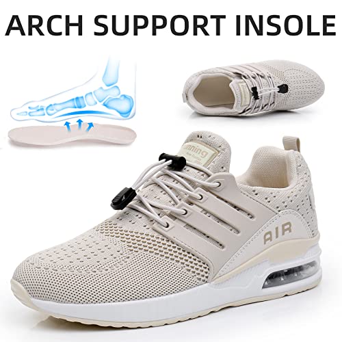 BOGOVER Womens Lightweight Air Running Shoes, Breathable Gym Jogging Running Tennis Sneakers with Air Cushion,No Tie (Khaki, 8)