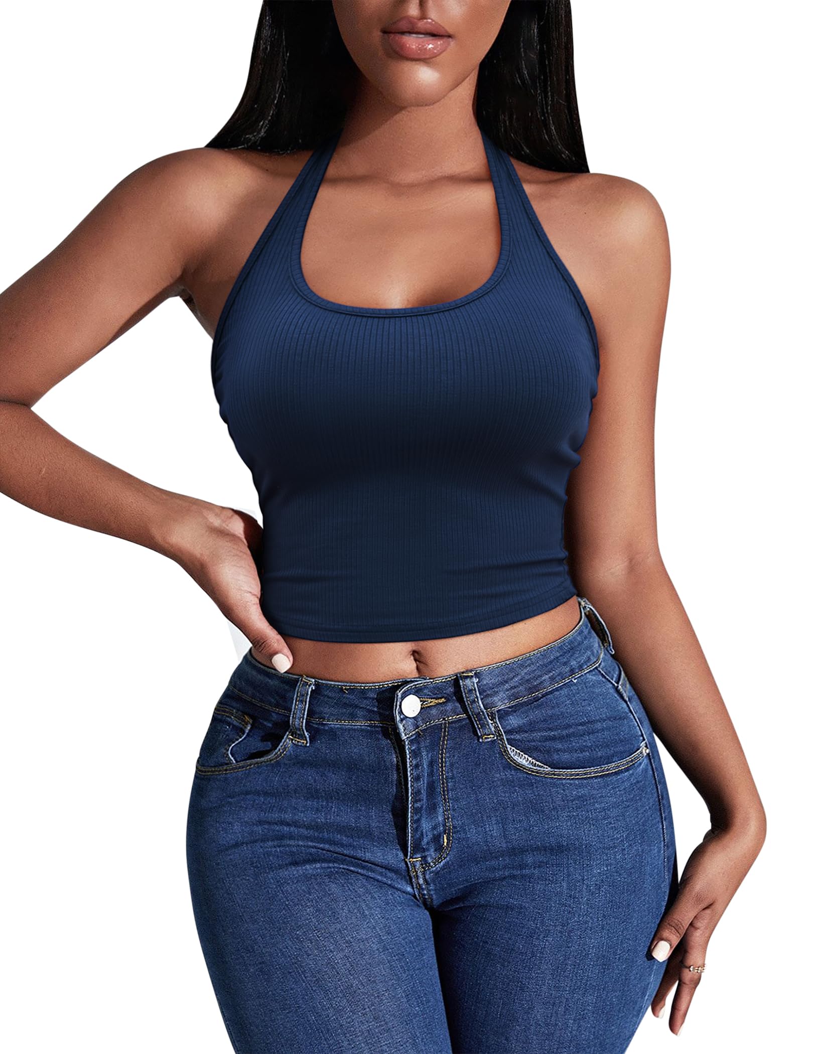 Ekouaer Women Halter Top Backless Scroop Neck Slim Stretchy Ribbed Knit Camisole Crop Tops(Navy,XXL)