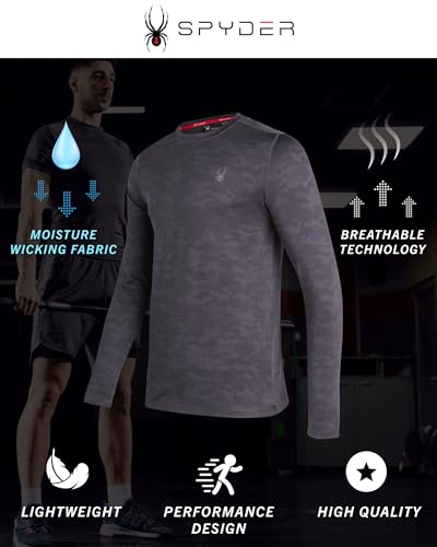 Spyder Men's Active Shirt - Camo Long Sleeve Performance Workout Training Shirt - Lightweight Workout Shirt for Men (S-XL), Size Large, Burnt Charcoal