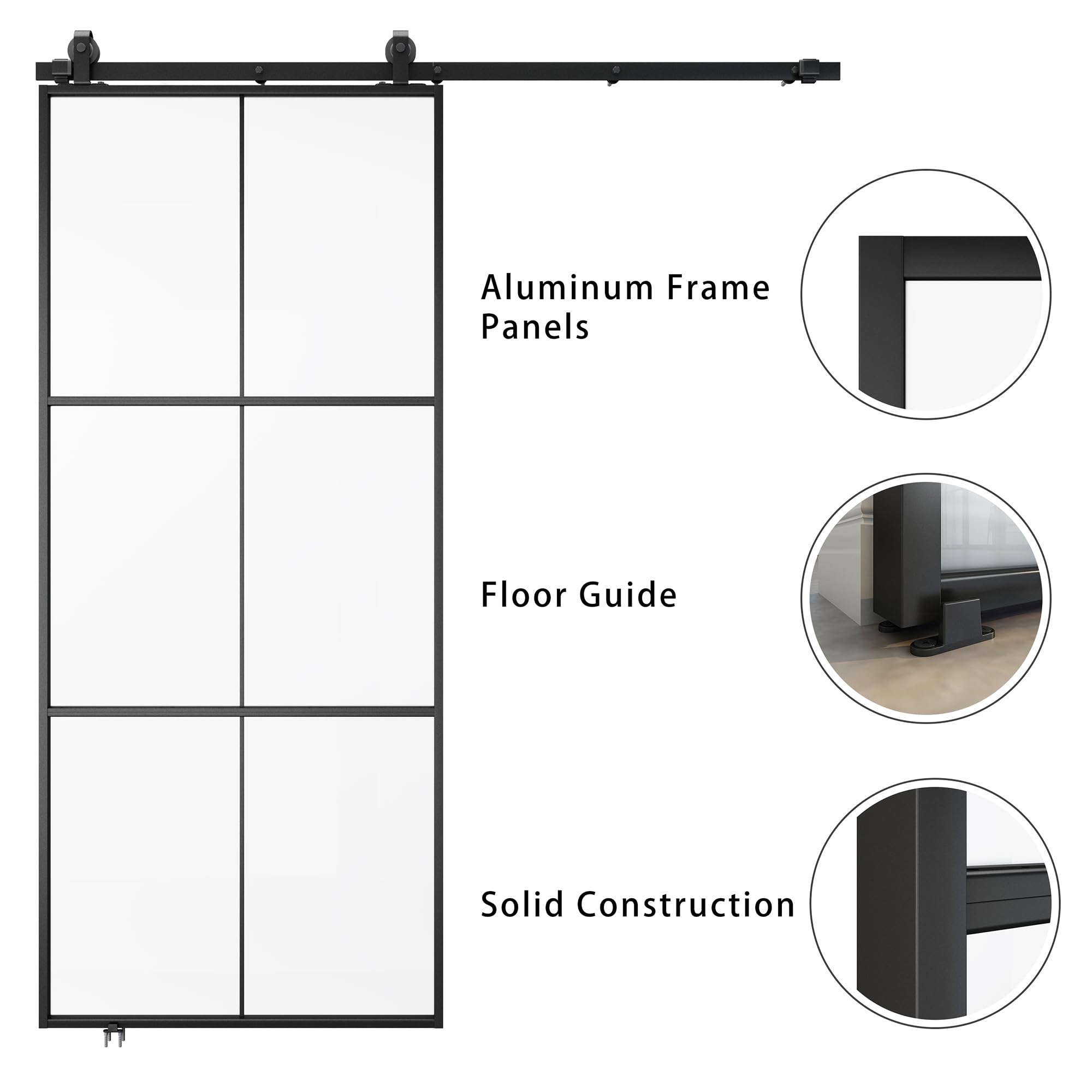BARNSMITH 36in x 84in Aluminum Glass Barn Door and 6FT Hardware Included,Frosted Tempered Glass Barn Door,Easy Assembly