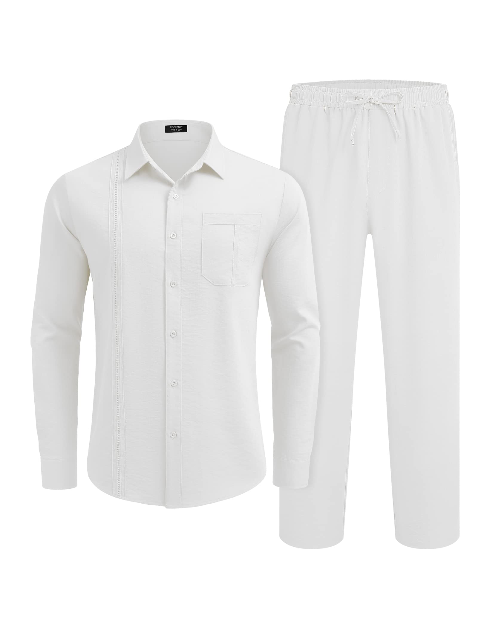 COOFANDY Mens Coordinated Outfit White Linen Pants and Shirt Set Casual Linen Sets 2 Piece Summer Beach Clothes, White, Medium