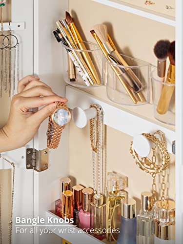 LUXFURNI Mirror Jewelry Armoire Cabinet with Storage, Door Hanging/Wall Mounted Cabinet Organizer with Brush Holder, White