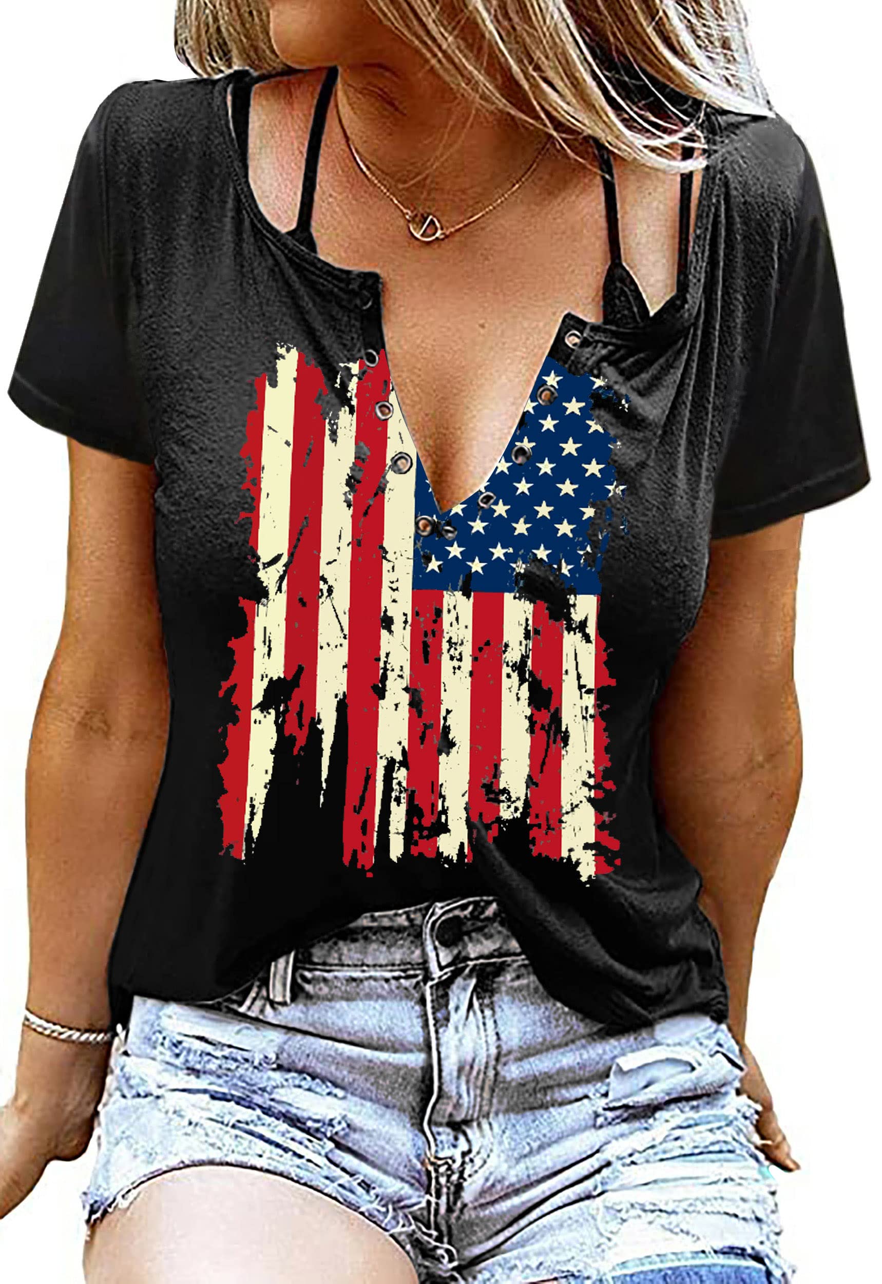 YI XIANG RAN American Flag Shirt Tops Womens 4th of July T-Shirts Ring Hole Short Sleeve Sexy V-Neck Patriotic Tees (Black1, Large)