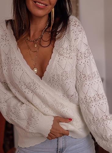 Dokotoo Womens Tops Sweaters Ladies V Neck Pullover Stylish Casual 2023 Fall Winter Long Sleeve Oversized Lightweight Comfy Cable Knit Pullover Cropped White