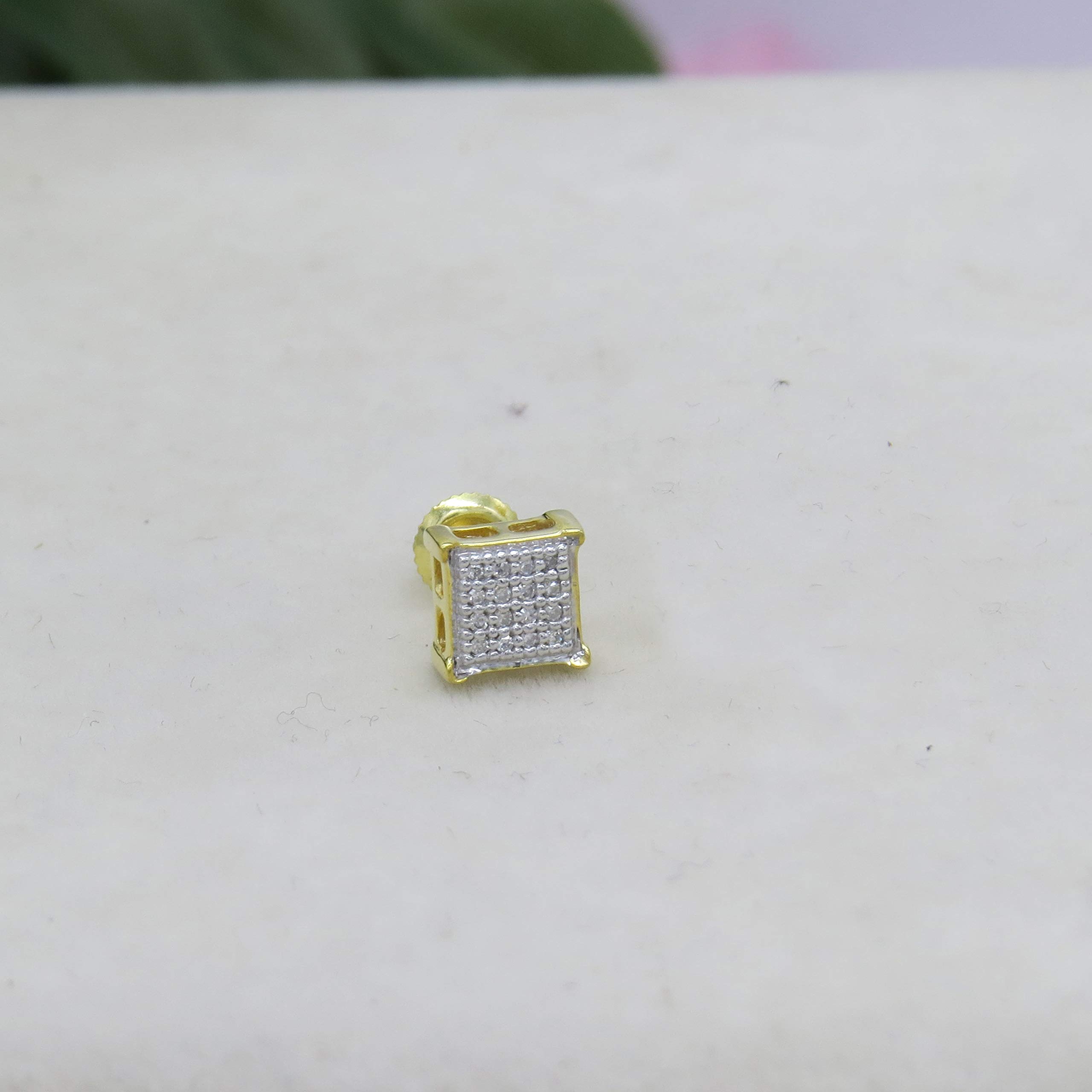 Dazzlingrock Collection Round White Diamond Square Frame 1Pc Stud Earring for Men (Color I-J, Clarity I2-I3) in 10K Solid Yellow Gold, Screw Back