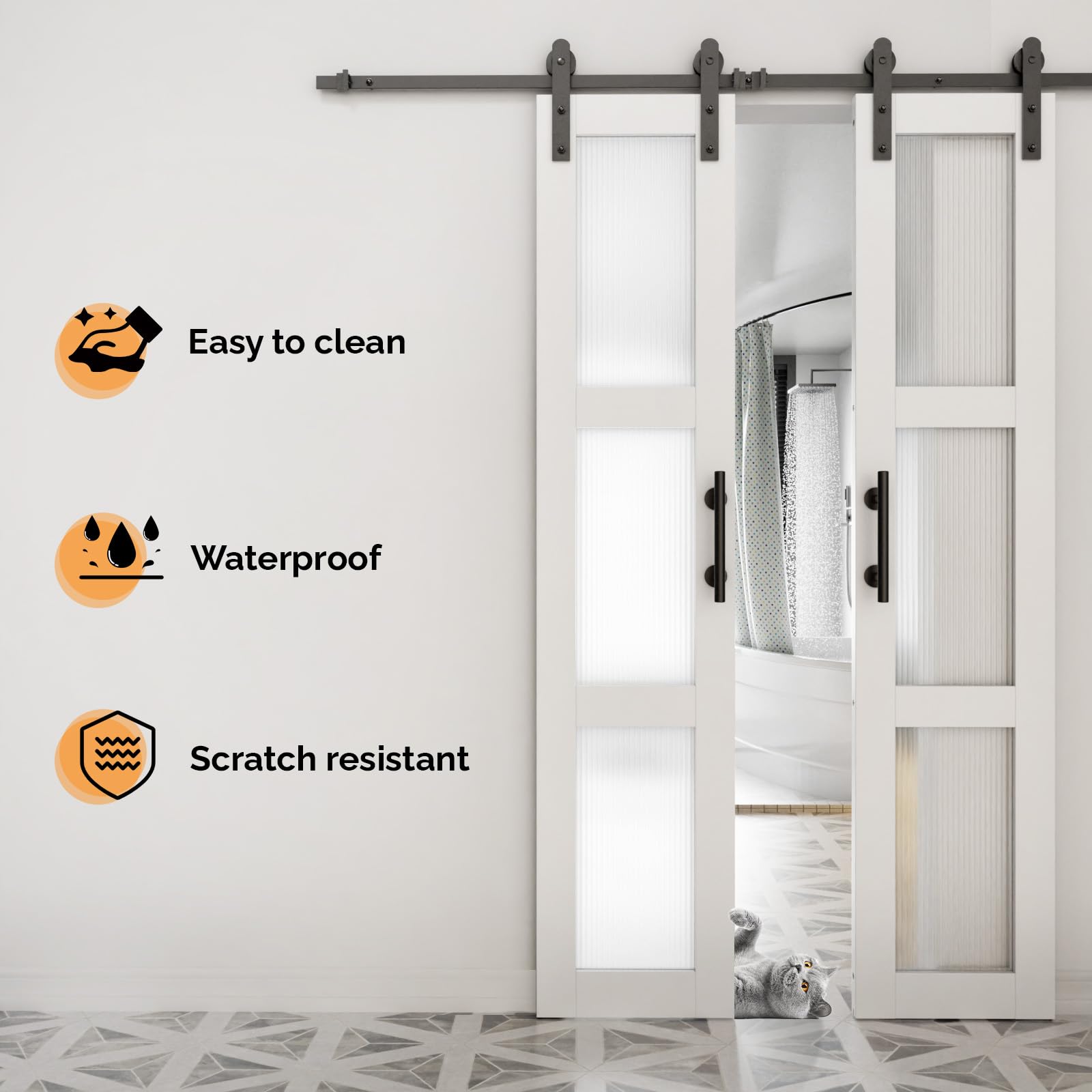VINGLI 36in x 84in Glass Barn Door with 6.6ft Sliding Barn Door Hardware Kit &Handles, Pre-Drilled Holes Easy Assembly Solid Wood Slab White Sliding Door (Double 18"x84" Doors + 6.6' Track Kit)