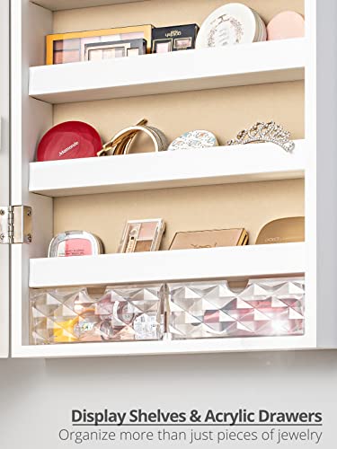 LUXFURNI Mirror Jewelry Armoire Cabinet with Storage, Door Hanging/Wall Mounted Cabinet Organizer with Brush Holder, White
