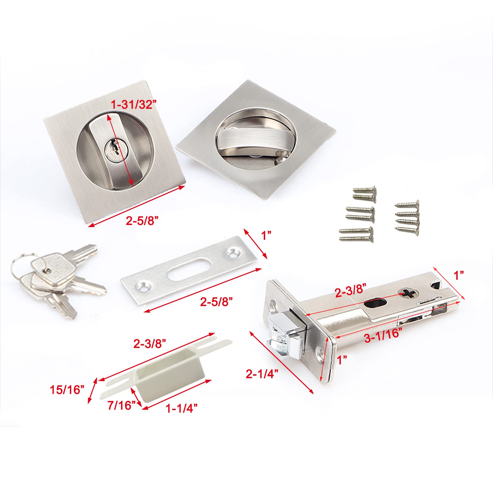 LWZH Brushed Silver Privacy Pocket Door Lock with Keys,Square Sliding Barn Door Lock Latch,Invisible Recessed Door Lock for 1 3/8” to 2 3/16” Thickness Door