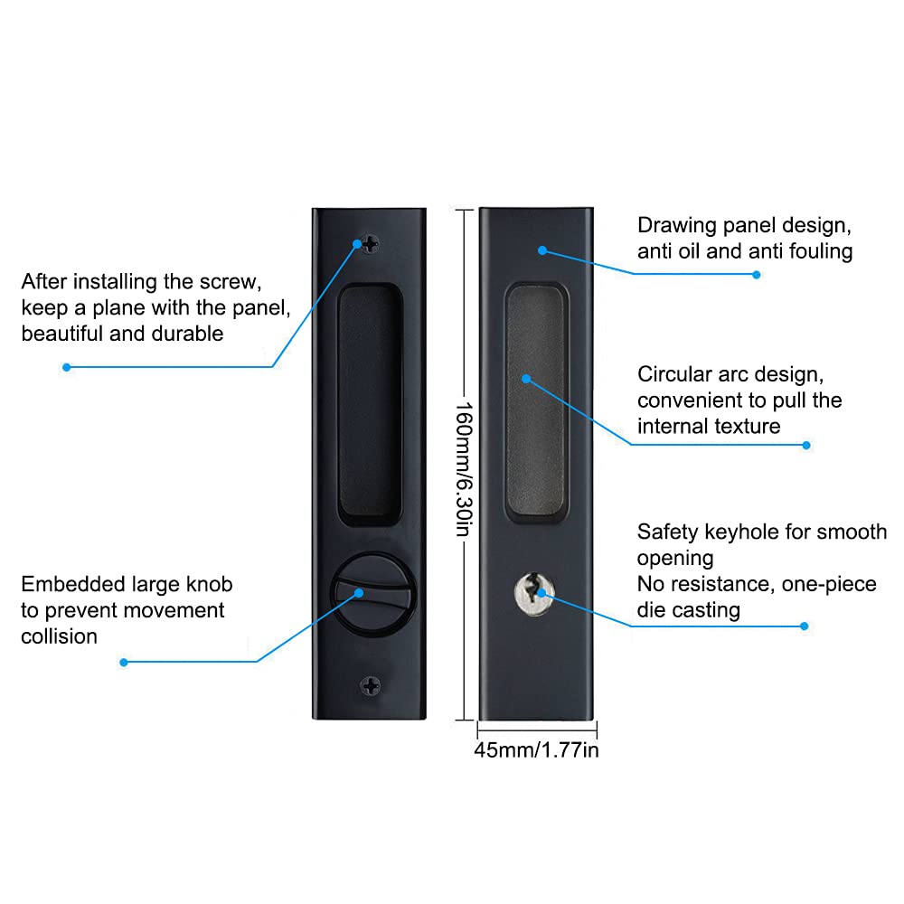 LWZH 6.3" Matte Black Privacy Pocket Door Lock Hardware, Invisible Recessed Handle Latch with Keys, Sliding Door Mortise Lock, Double Barn Door Lock Furniture Hardware