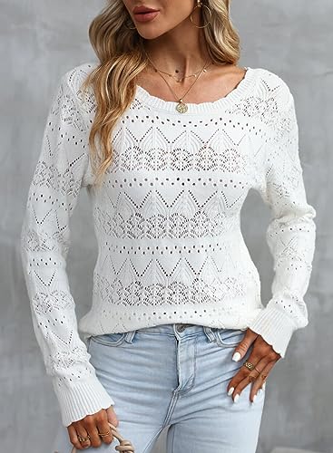 Dokotoo Womens Tops Sweaters Ladies V Neck Pullover Stylish Casual 2023 Fall Winter Long Sleeve Oversized Lightweight Comfy Cable Knit Pullover Cropped White