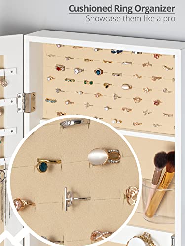 LUXFURNI Mirror Jewelry Armoire Cabinet with Storage, Door Hanging/Wall Mounted Cabinet Organizer with Brush Holder, White