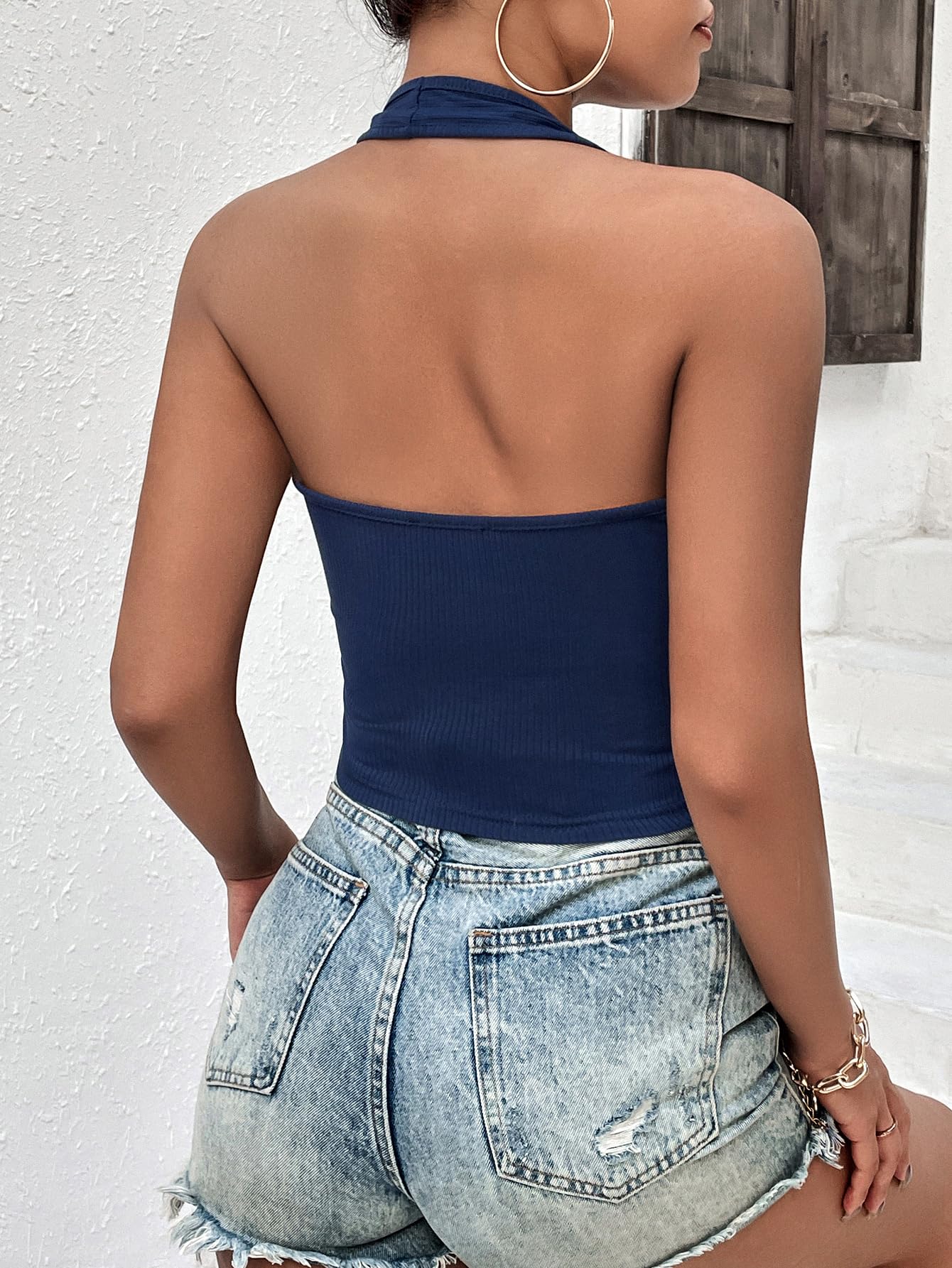 Ekouaer Women Halter Top Backless Scroop Neck Slim Stretchy Ribbed Knit Camisole Crop Tops(Navy,XXL)