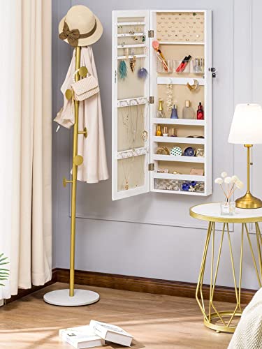 LUXFURNI Mirror Jewelry Armoire Cabinet with Storage, Door Hanging/Wall Mounted Cabinet Organizer with Brush Holder, White