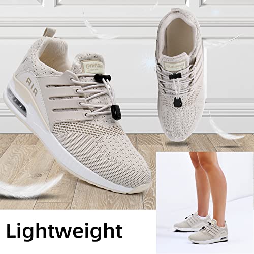BOGOVER Womens Lightweight Air Running Shoes, Breathable Gym Jogging Running Tennis Sneakers with Air Cushion,No Tie (Khaki, 8)