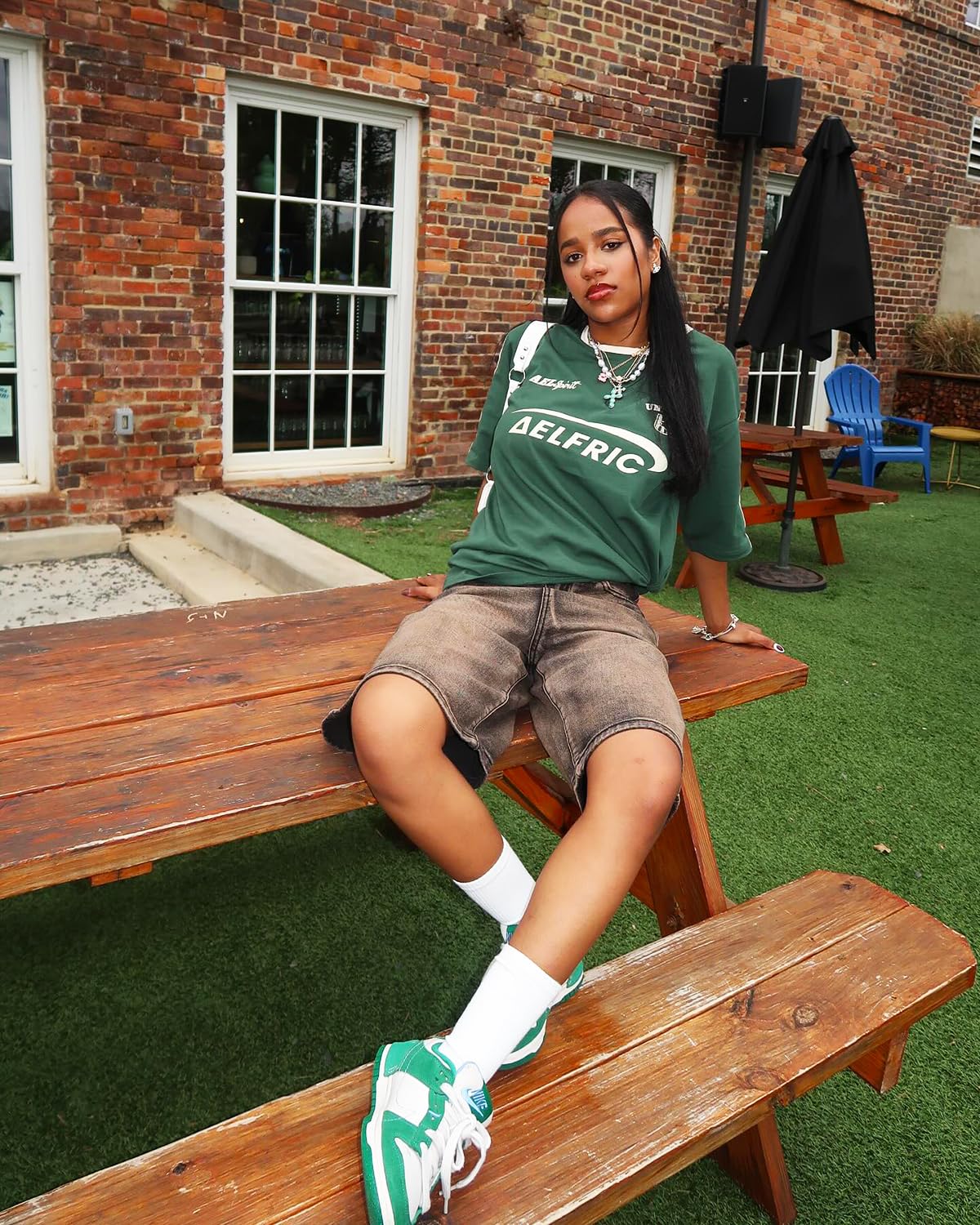 Aelfric Eden Graphic Tees Y2k Women Oversized T Shirts Striped Patchwork Crewneck Unisex Streetwear Tops Green L