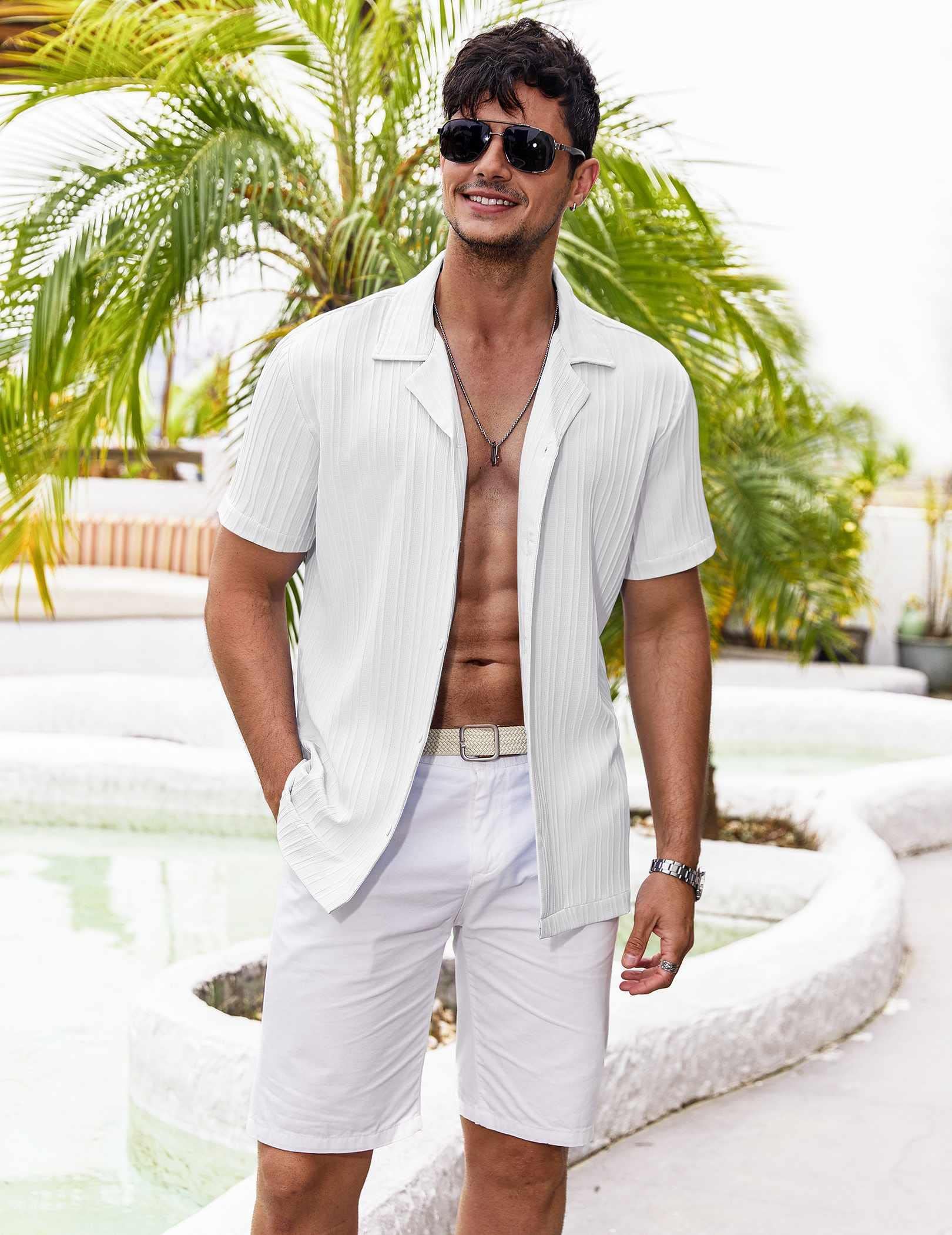 COOFANDY Mens Beach Shirt Short Sleeve Fashion Summer Beach Casual Shirts for Men Regular Fit White - L