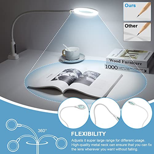 TOMSOO 26" Gooseneck Magnifying Lamp with Clamp, 5 Color Modes Stepless Dimmable LED Desk Light with Magnifying Glass, 5X Real Glass Lighted Magnifier Hands Free for Painting Close Work Craft Hobby