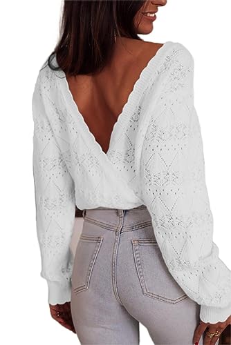 Dokotoo Womens Tops Sweaters Ladies V Neck Pullover Stylish Casual 2023 Fall Winter Long Sleeve Oversized Lightweight Comfy Cable Knit Pullover Cropped White