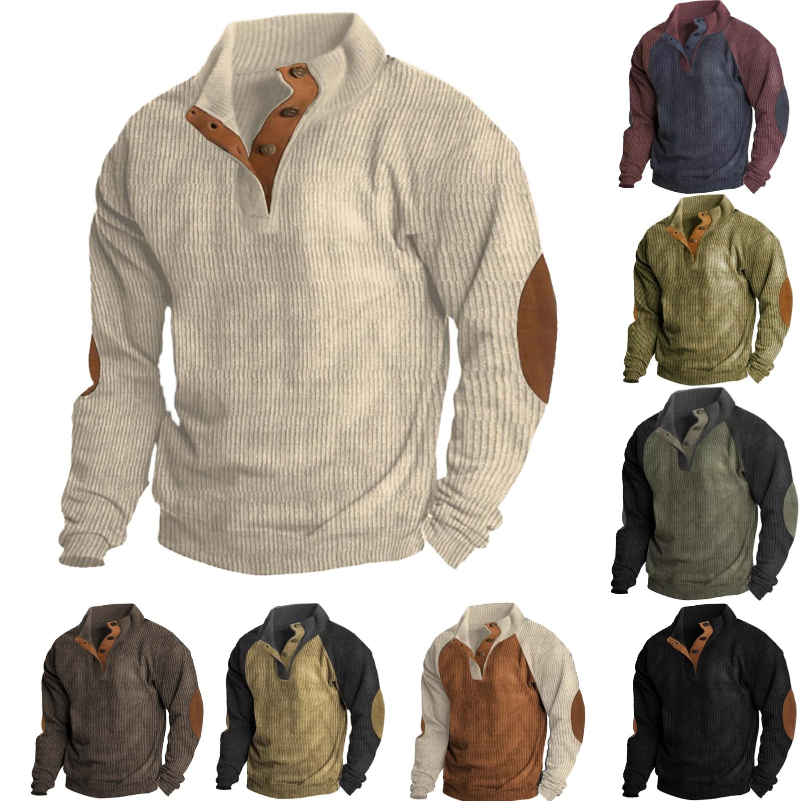 MDNZCTH Mens Corduroy Shirt with Elbow Patches Button Up Mock Neck Long Sleeve Sweaters Casual Polo Sweatshirts Lapel Collar Golf Pullover 2023 Men Fall Winter Clothes Sale Clearance Track Jackets