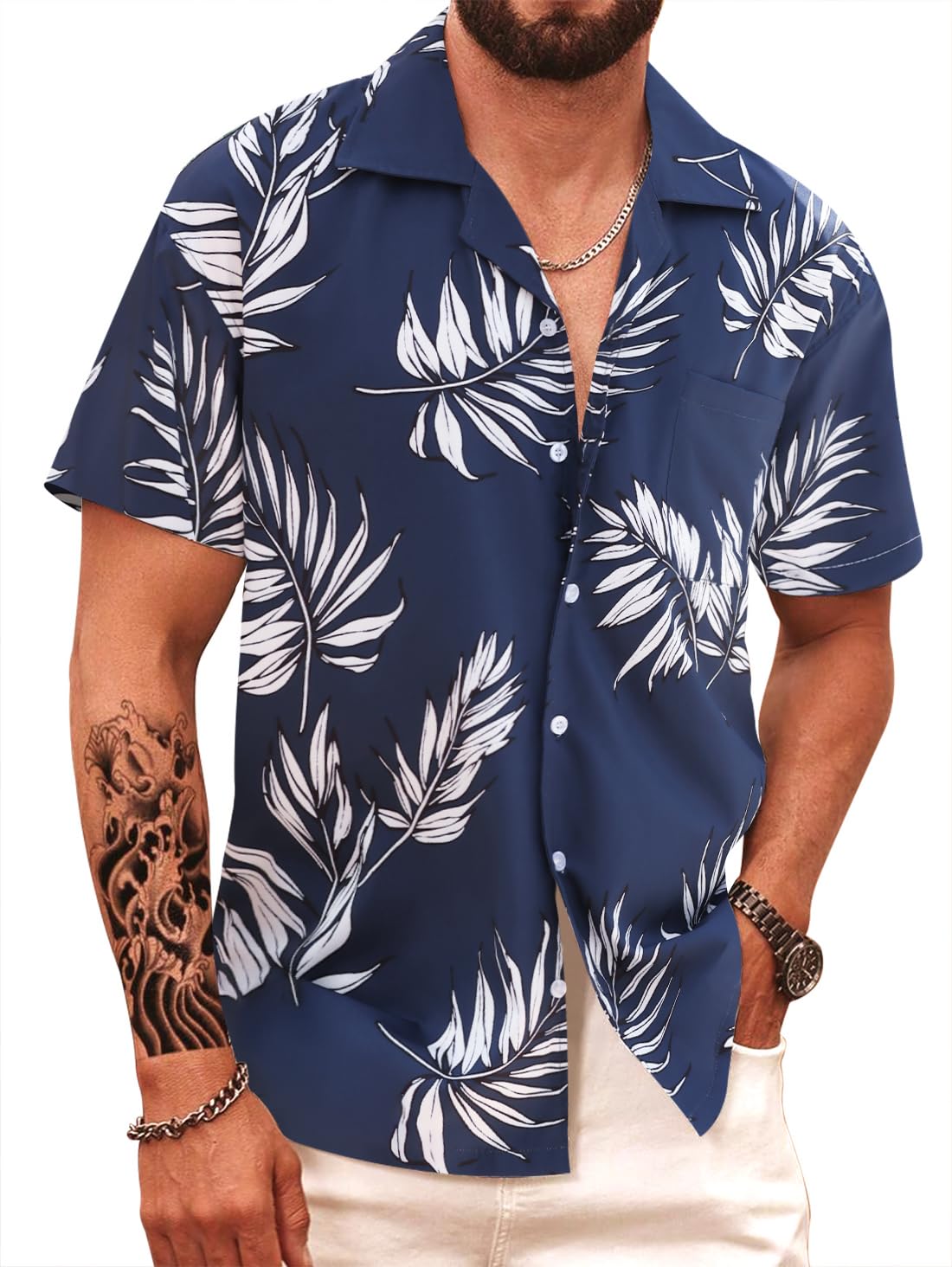 APTRO Men's Hawaiian Shirt Short Sleeve Tropical Vacation Button Down Beach Floral Palm Shirts #024 Navy L