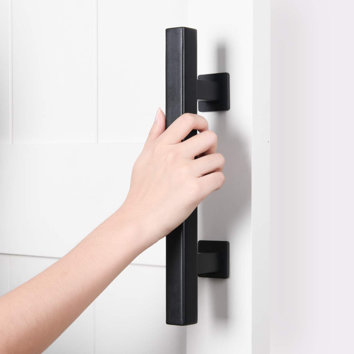 SMARTSTANDARD 10" Heavy Duty Sliding Barn Door Handle, Pull and Flush Set for Gate Kitchen Furniture Cabinet Closet Drawer, Black, Square
