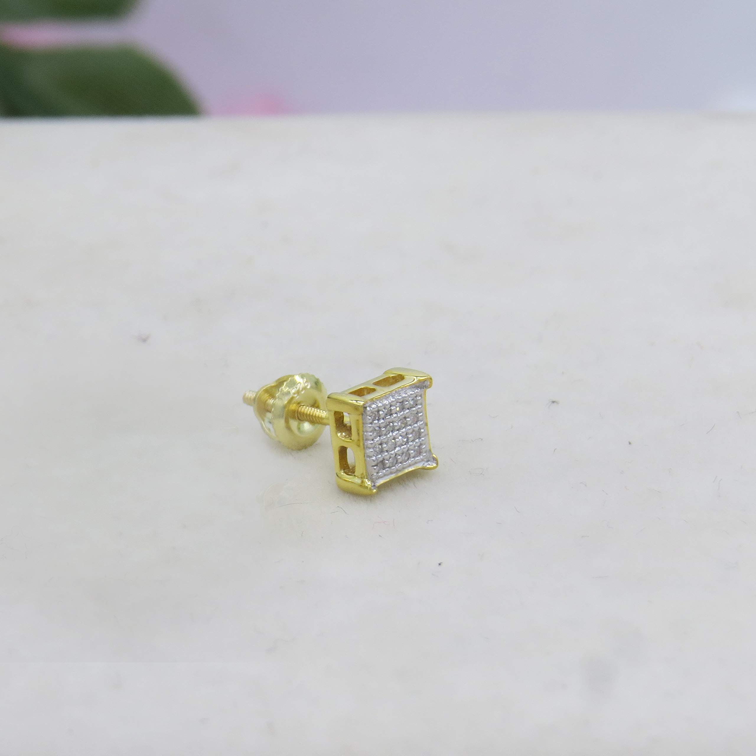 Dazzlingrock Collection Round White Diamond Square Frame 1Pc Stud Earring for Men (Color I-J, Clarity I2-I3) in 10K Solid Yellow Gold, Screw Back