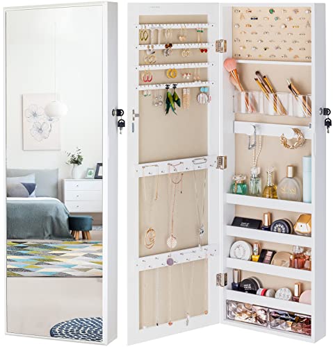 LUXFURNI Mirror Jewelry Armoire Cabinet with Storage, Door Hanging/Wall Mounted Cabinet Organizer with Brush Holder, White