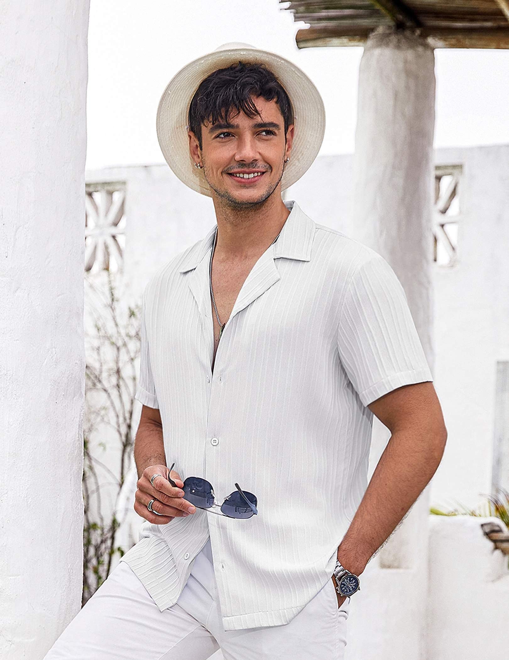COOFANDY Mens Beach Shirt Short Sleeve Fashion Summer Beach Casual Shirts for Men Regular Fit White - L