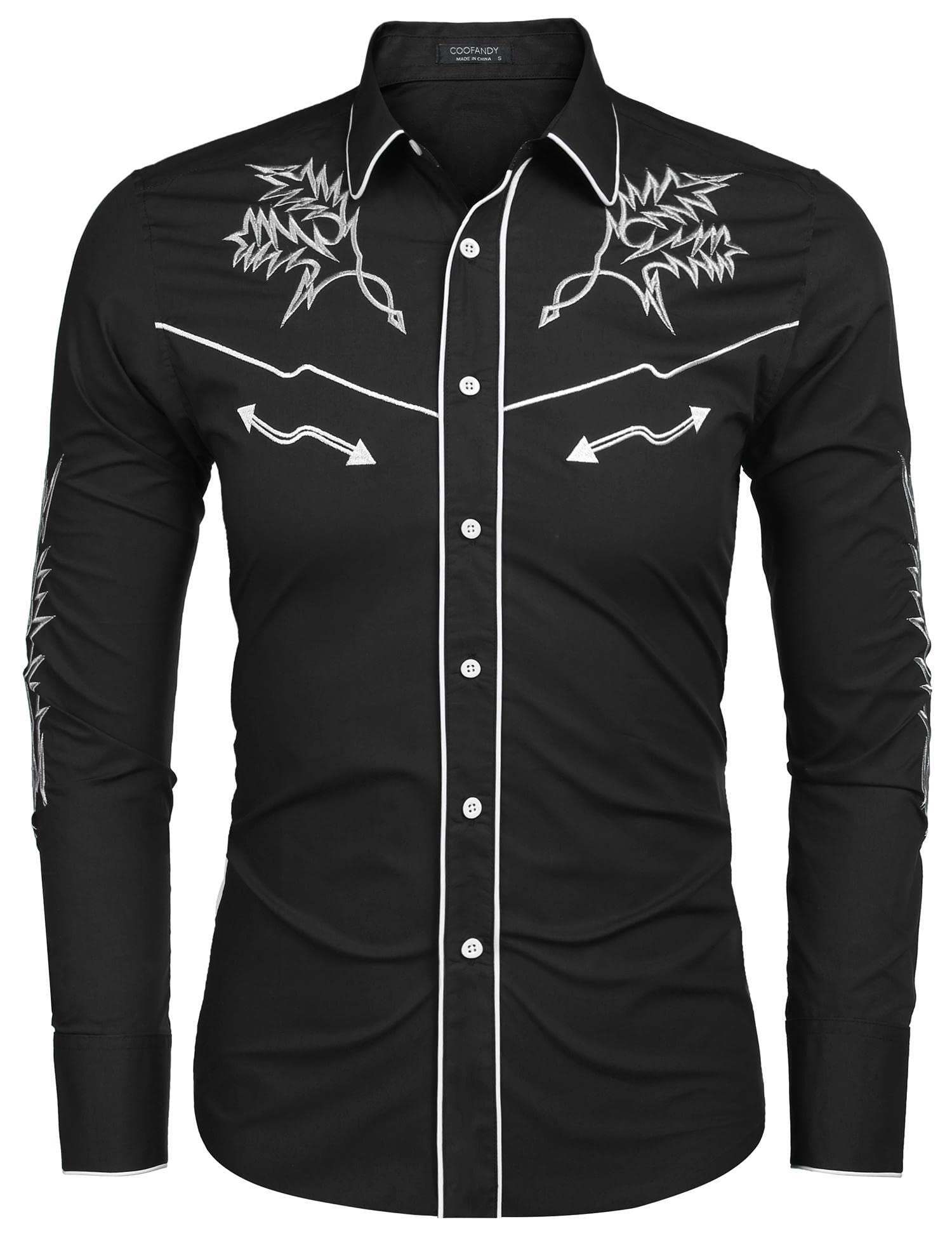 COOFANDY Men's Long Sleeve Embroidered Shirt Casual Slim Fit Button Down Western Shirts ,Black ,Medium