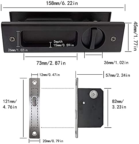 LWZH 6.3" Matte Black Privacy Pocket Door Lock Hardware, Invisible Recessed Handle Latch with Keys, Sliding Door Mortise Lock, Double Barn Door Lock Furniture Hardware